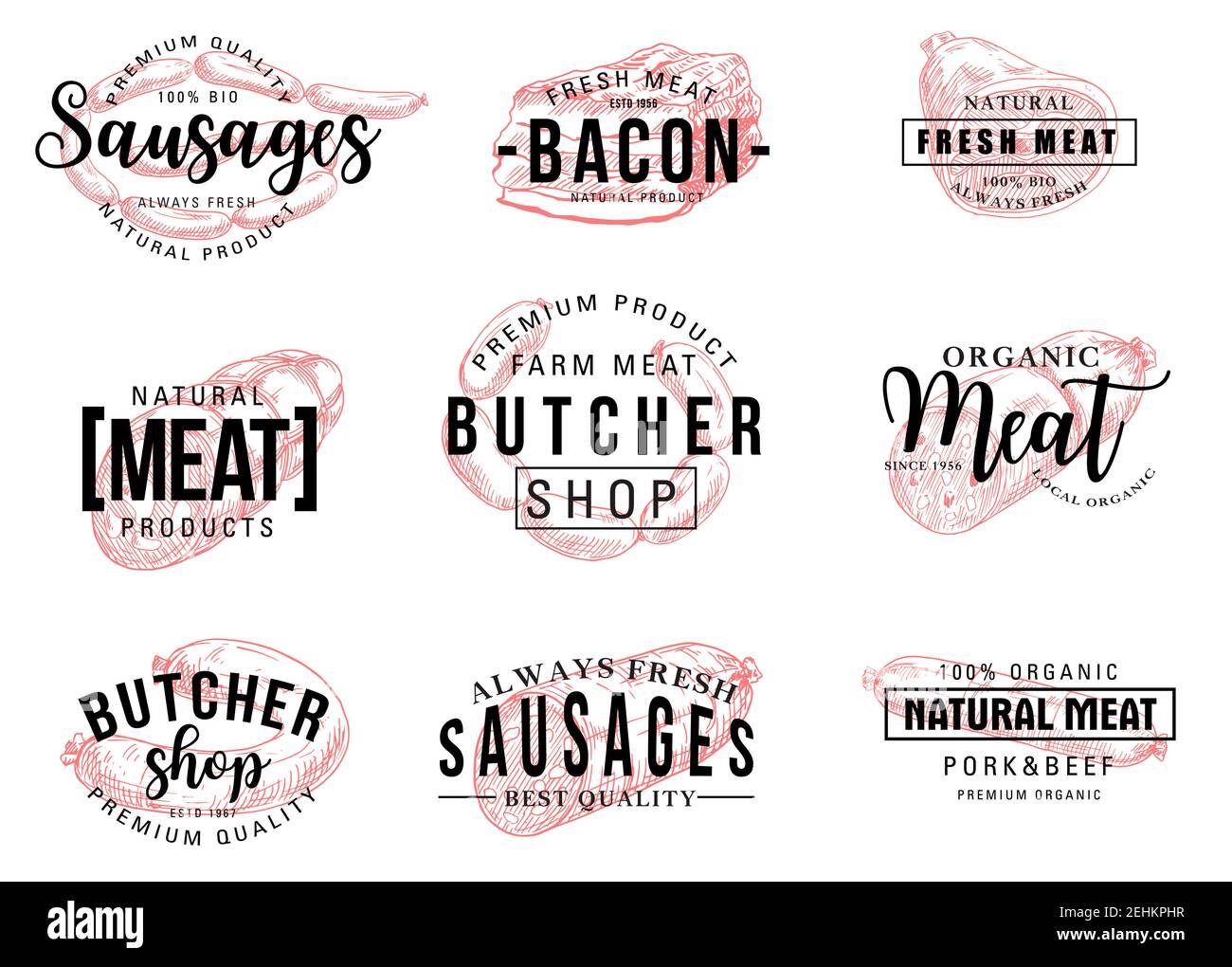 Butcher shop products, sketch lettering icons. Meat and sausages, pork ...