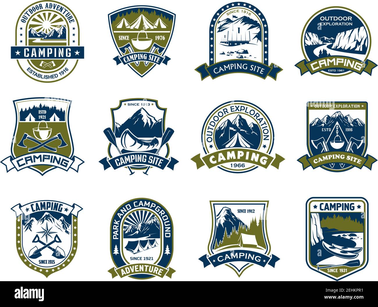 Camping and outdoor adventure shield badge set. Mountain camp and ...