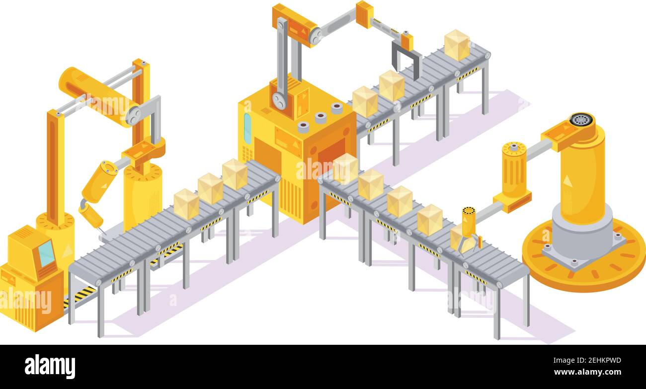 Conveyor equipment isometric composition with robotic hand for welding and boxes on lines 3d ...
