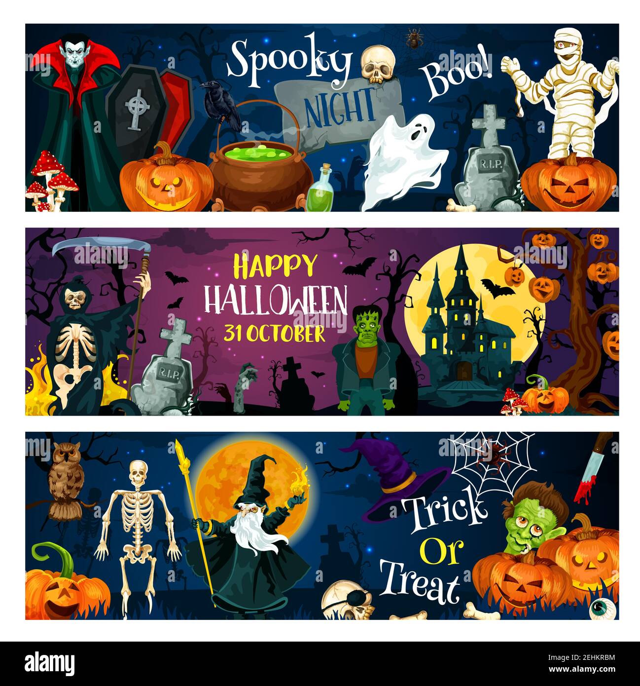 Halloween holiday spooky night party invitation. Horror pumpkin, bat ...