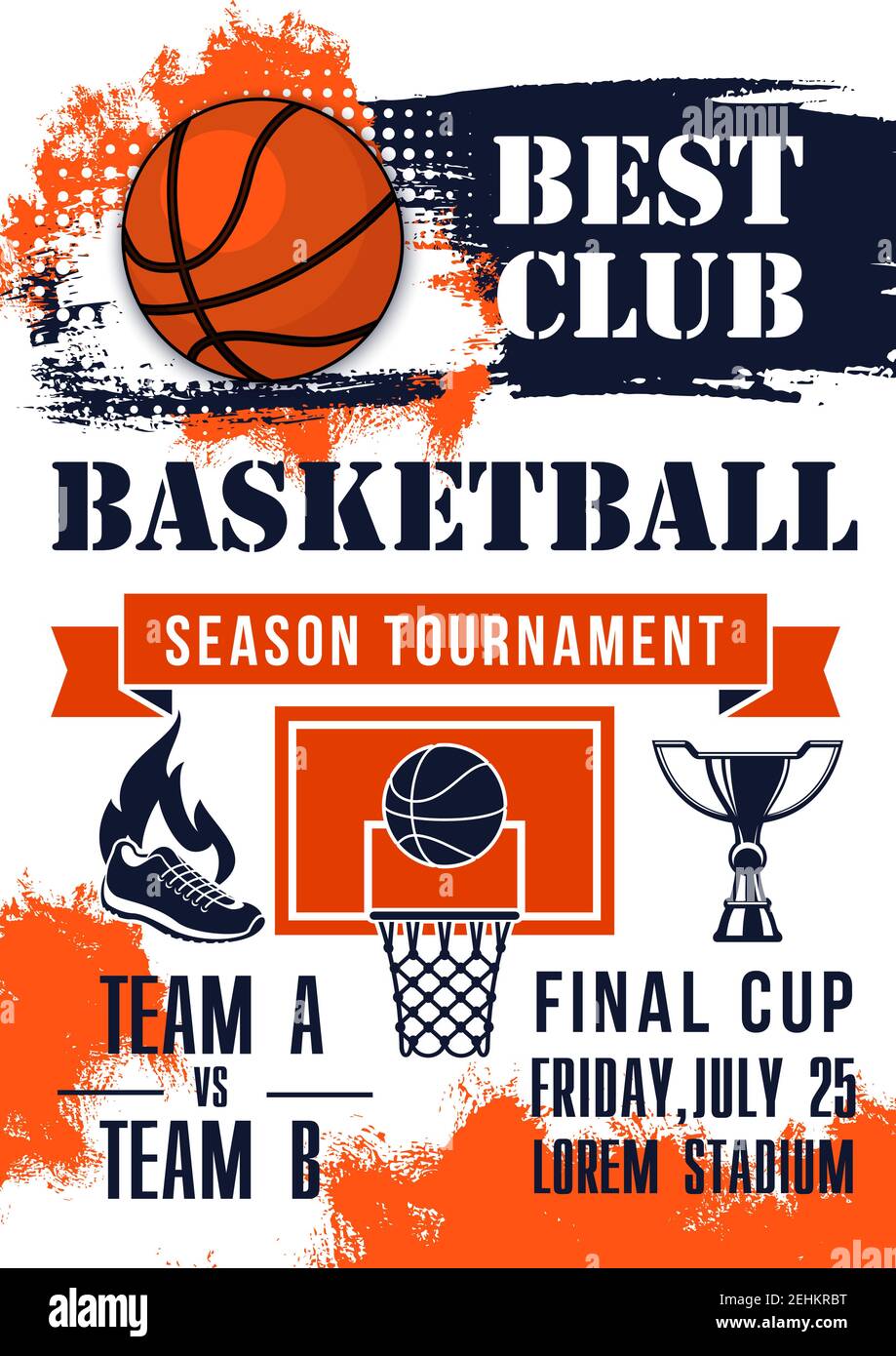 Basketball ball, champion trophy cup and basket shield grunge poster ...