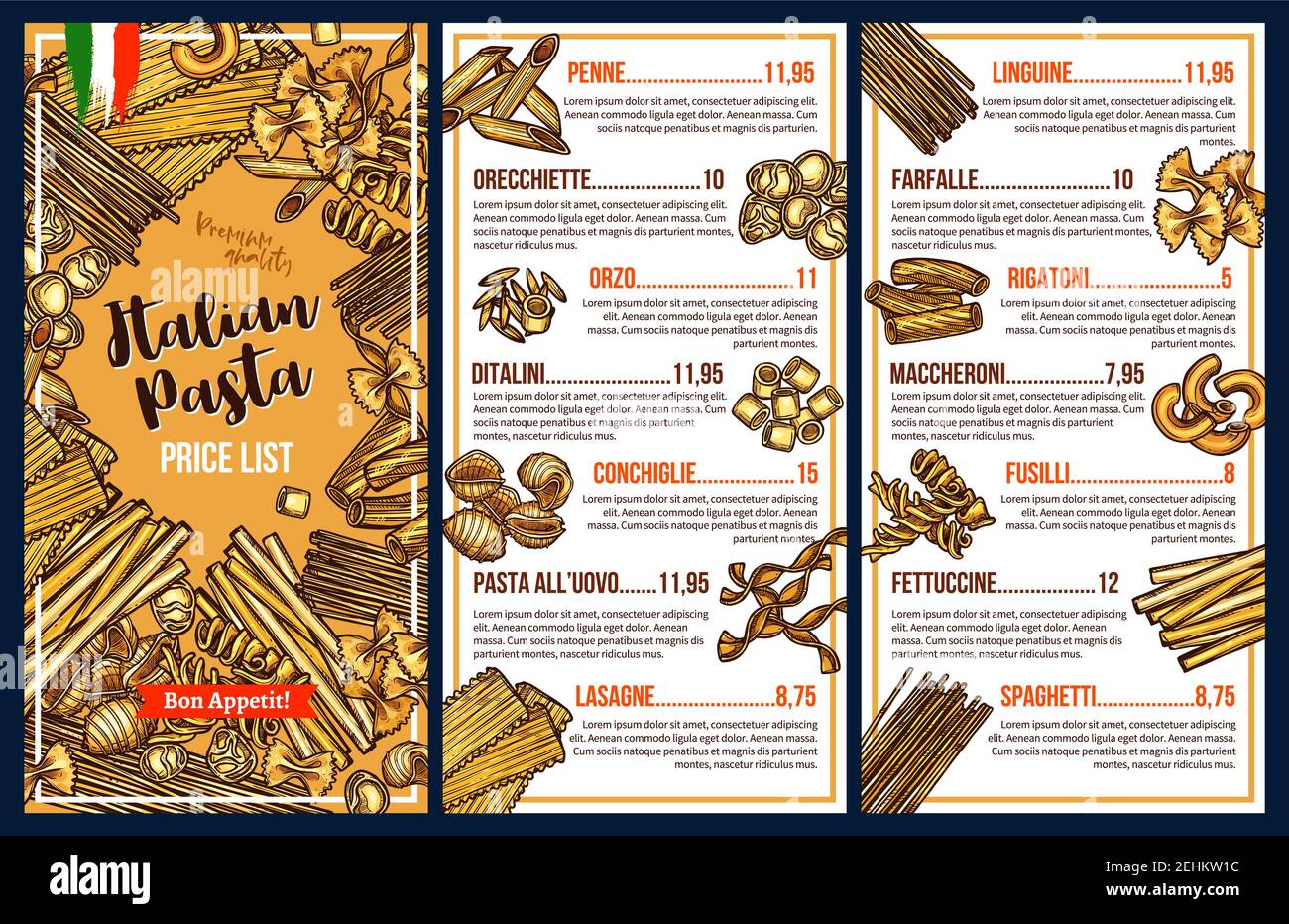 Italian pasta menu template with price list. Spaghetti, penne and ...