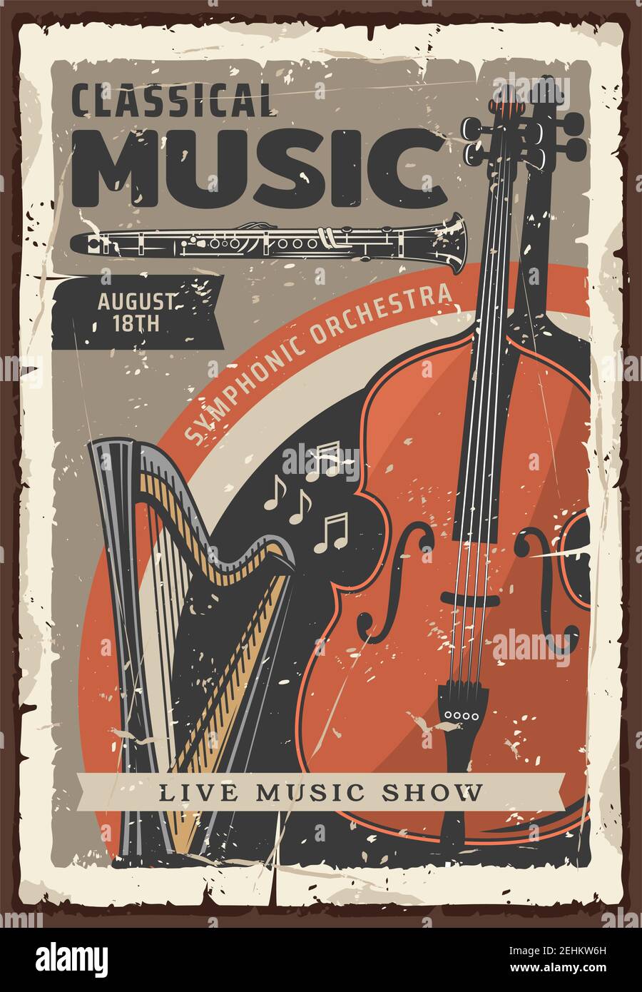 Classical music live show or concert vintage poster with musical ...