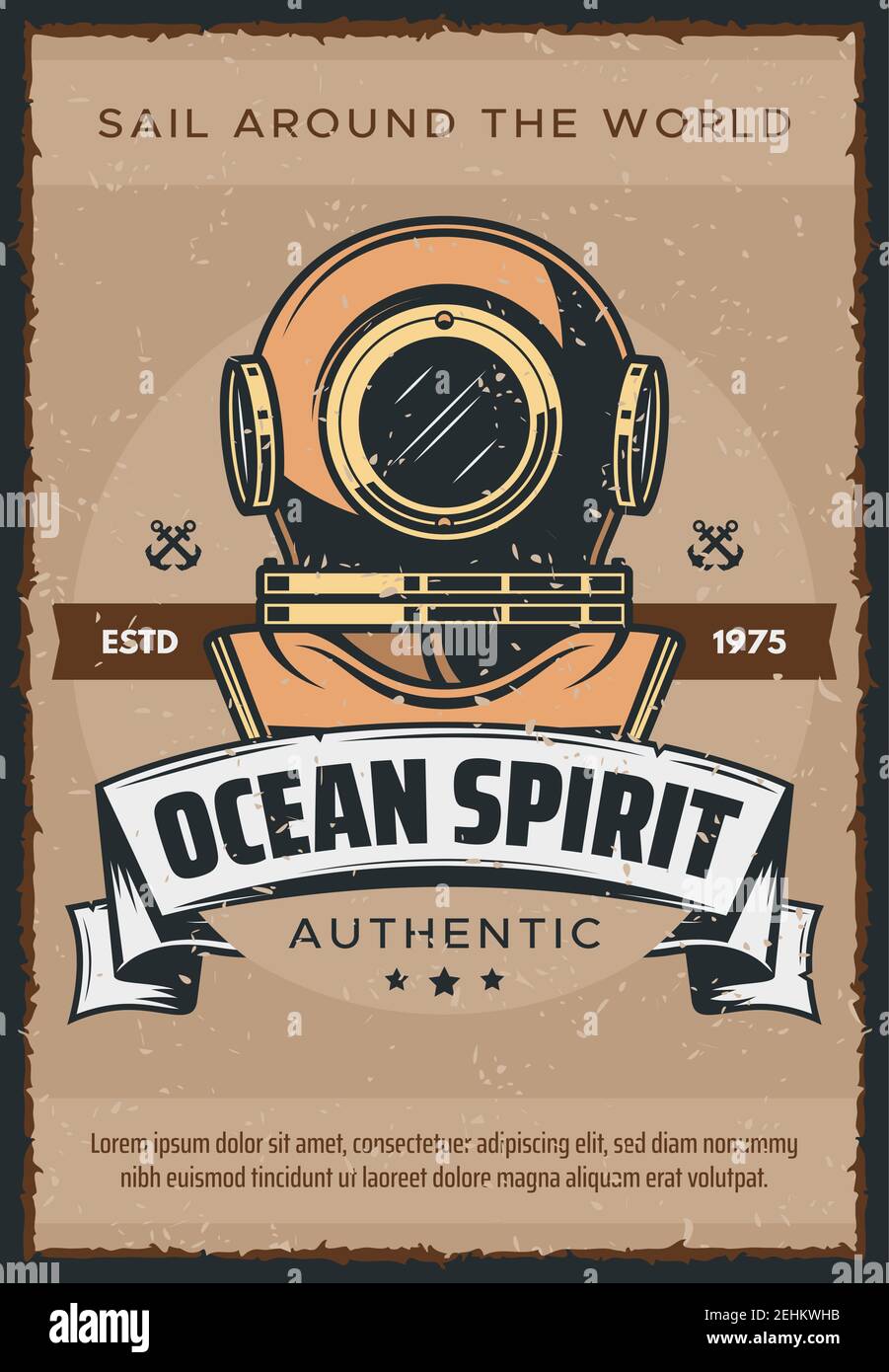 Vintage nautical diver helmet. Sea travel and sailing sport design ...