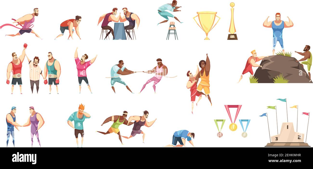 Competition icons retro cartoon collection with flat isolated field ...