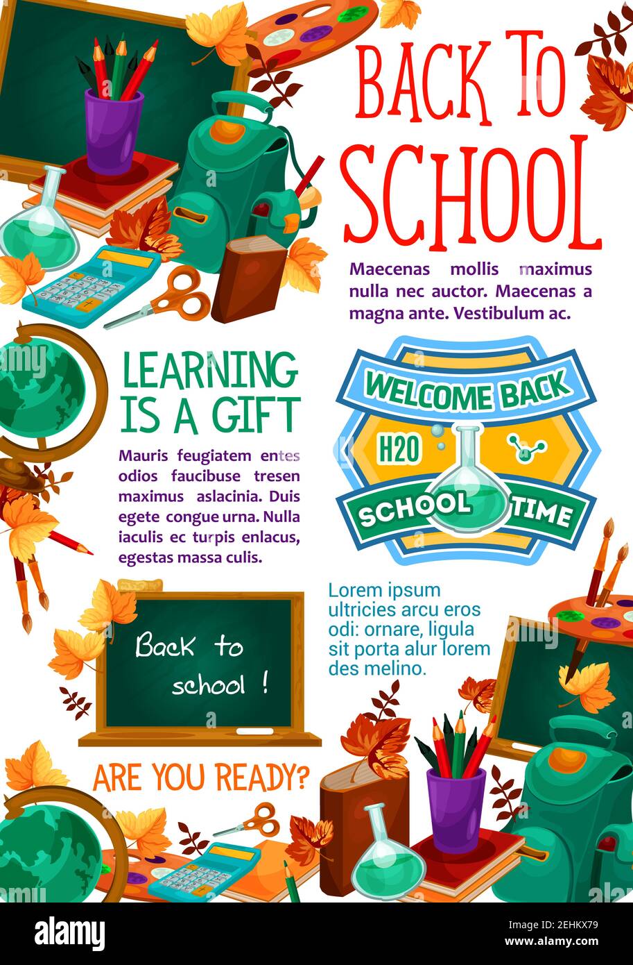 Back to School September study time poster of school bag, globe or ...