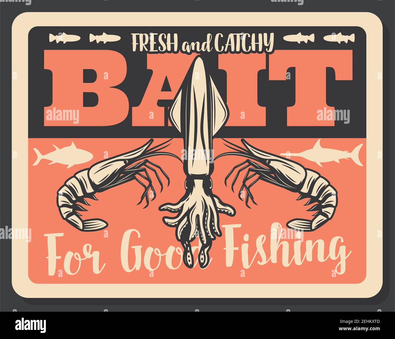 Fishing baits retro poster of fish catch. Vector seafood lobsters ...