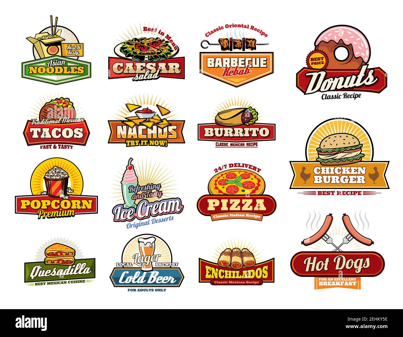 Fast food icons of fastfood snacks and sandwiches. Cafe, restaurant or ...