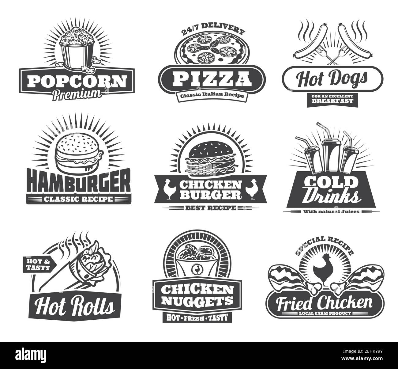 Fast food retro icons of fastfood meals and snacks or drinks for cafe ...