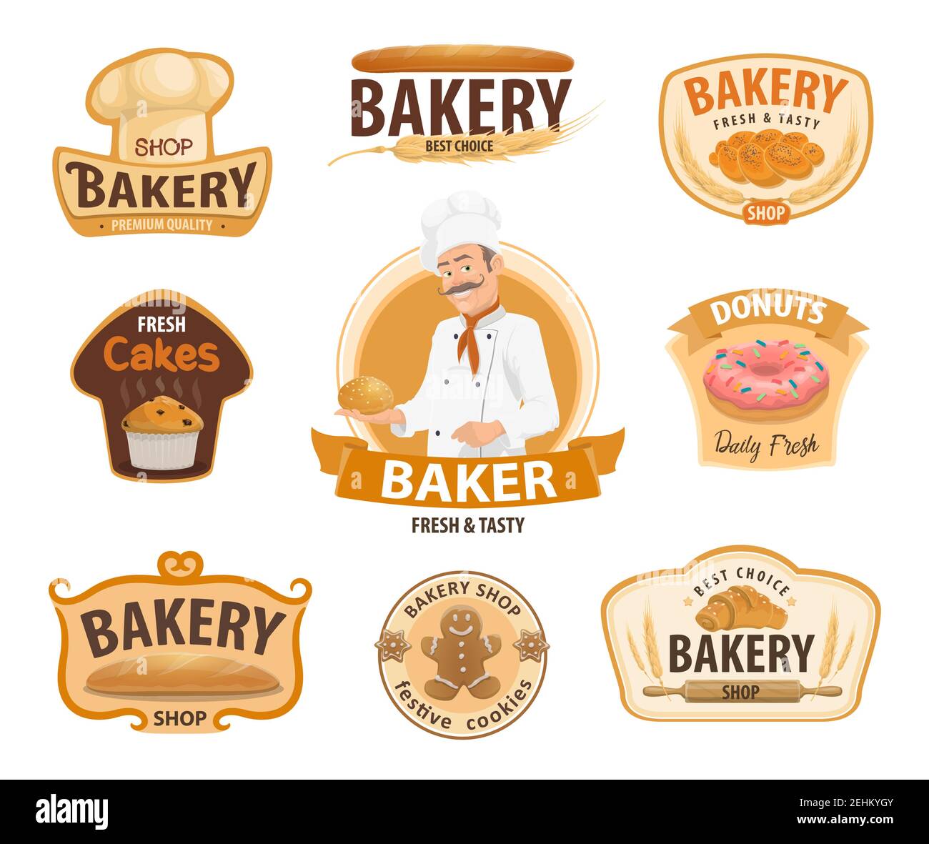 Bakery or baker shop and patisserie icons. Vector isolated baker man in ...