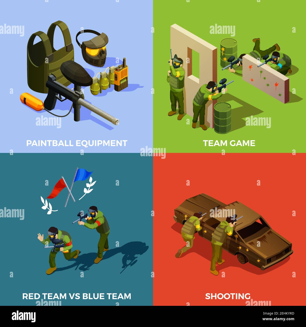 Paintball isometric design concept with pieces of protecting equipment ...
