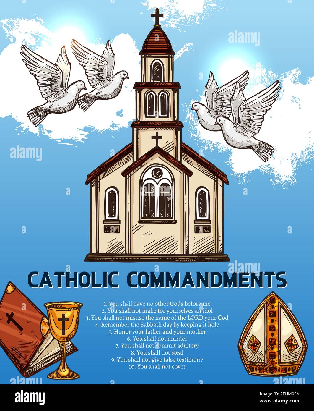 Catholic religion ten commandments. Church, doves symbols of peace ...