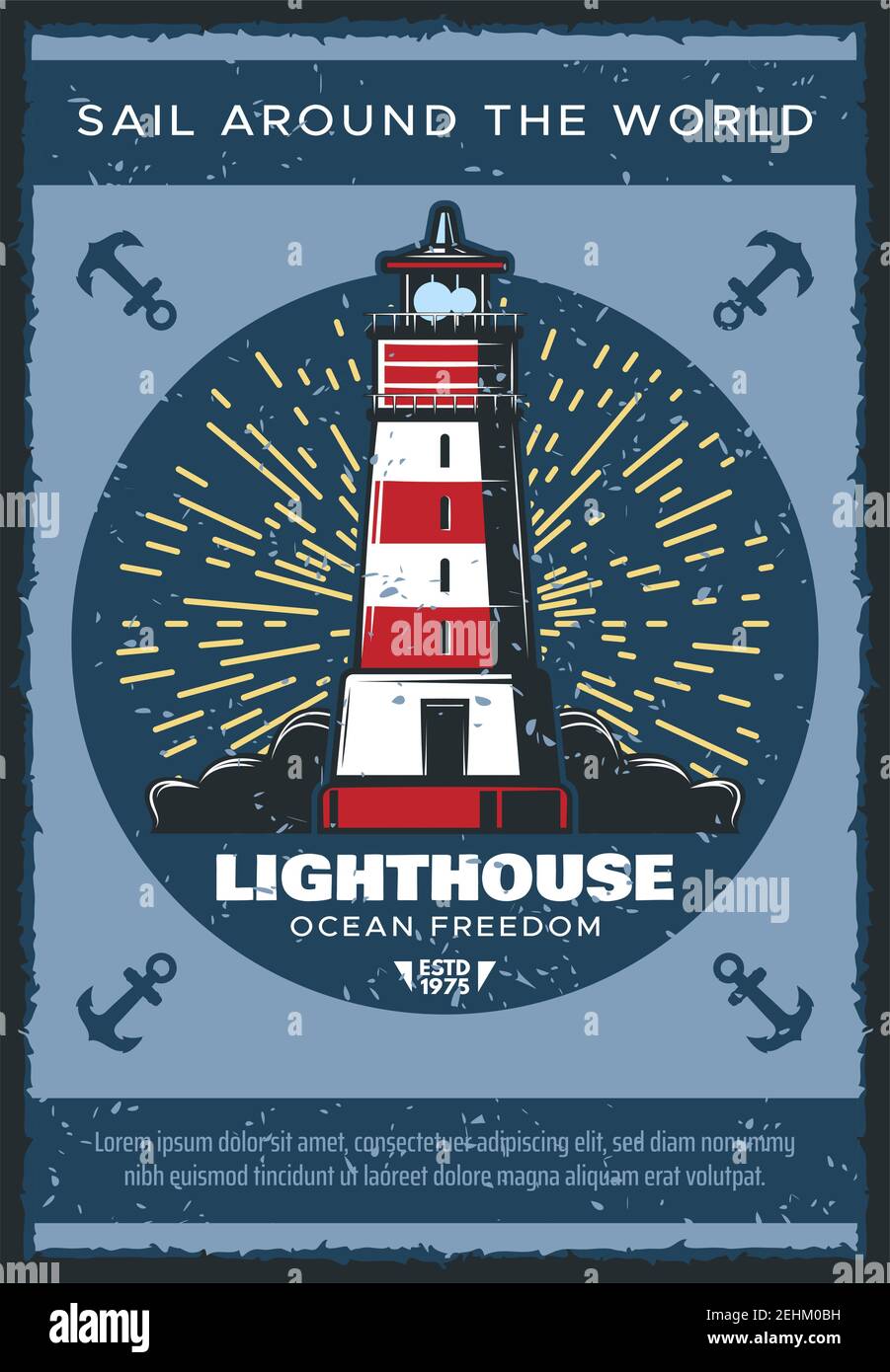 Lighthouse at sea or ocean vintage poster, seafarer safe sailing and ...