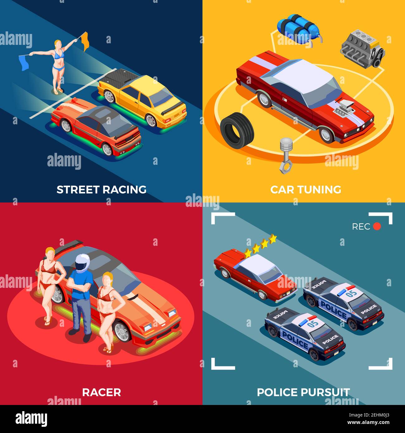 Street racing drift isometric design concept with motor vehicle parts ...