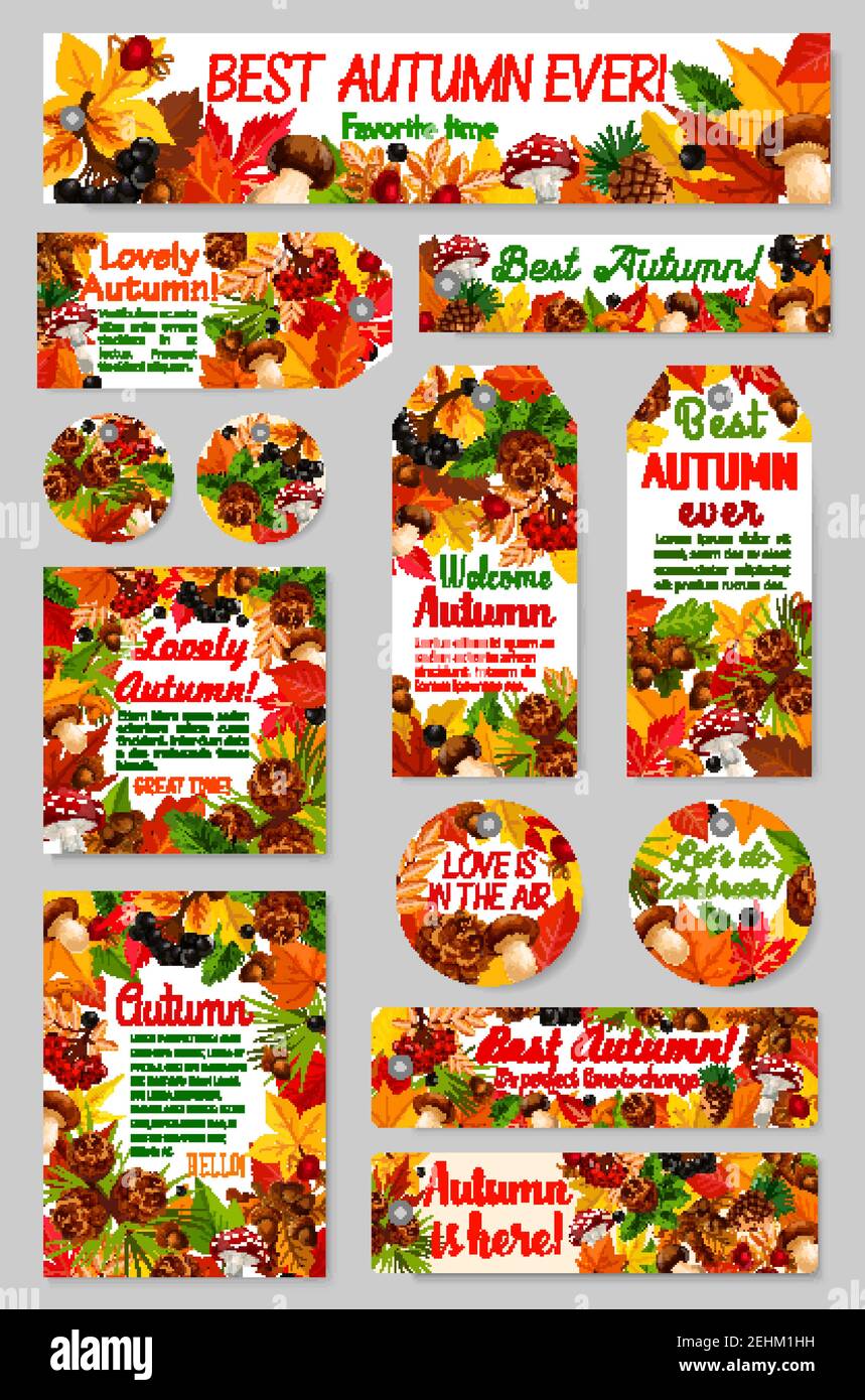 Autumn nature tag and label set with fall season leaf and mushroom ...