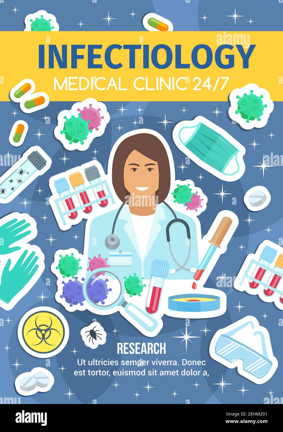 Infectiology infectious disease doctor. Stethoscope, pills and bacteria ...