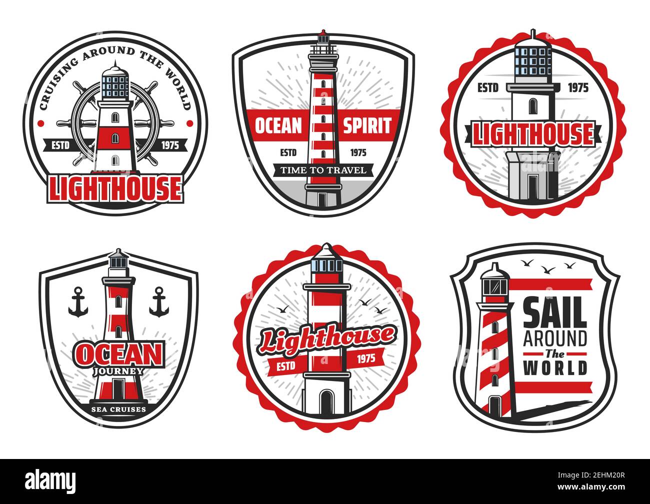 Lighthouse at sea or ocean icons for seafarer safe sailing and travel ...