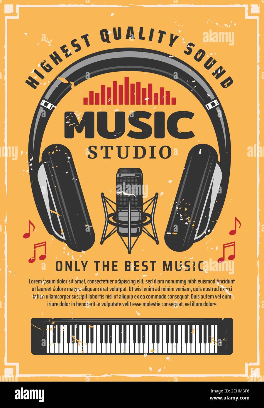 Music and sound recording studio. Vintage microphone, headphones and ...