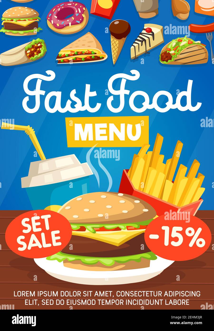 Fast food menu poster. Cola, french fries and hamburger, cheesecake and ...