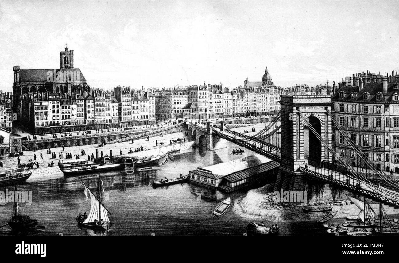 Paris - Bateaux vapeur pres du pont Louis-Philippe vers 1840 Stock ...
