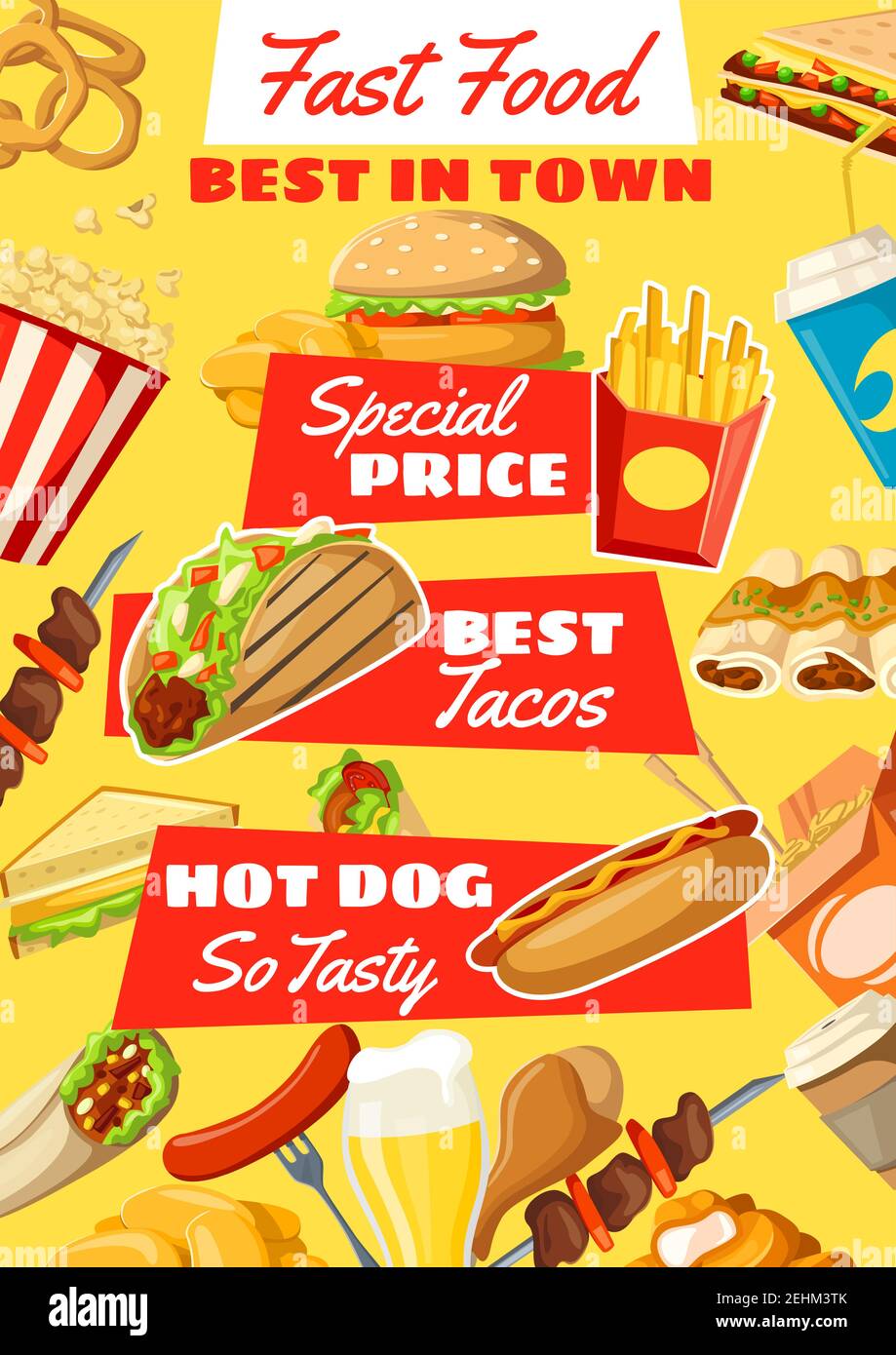 Fast food menu with lunch dishes. Hamburger, hot dog and cheese ...
