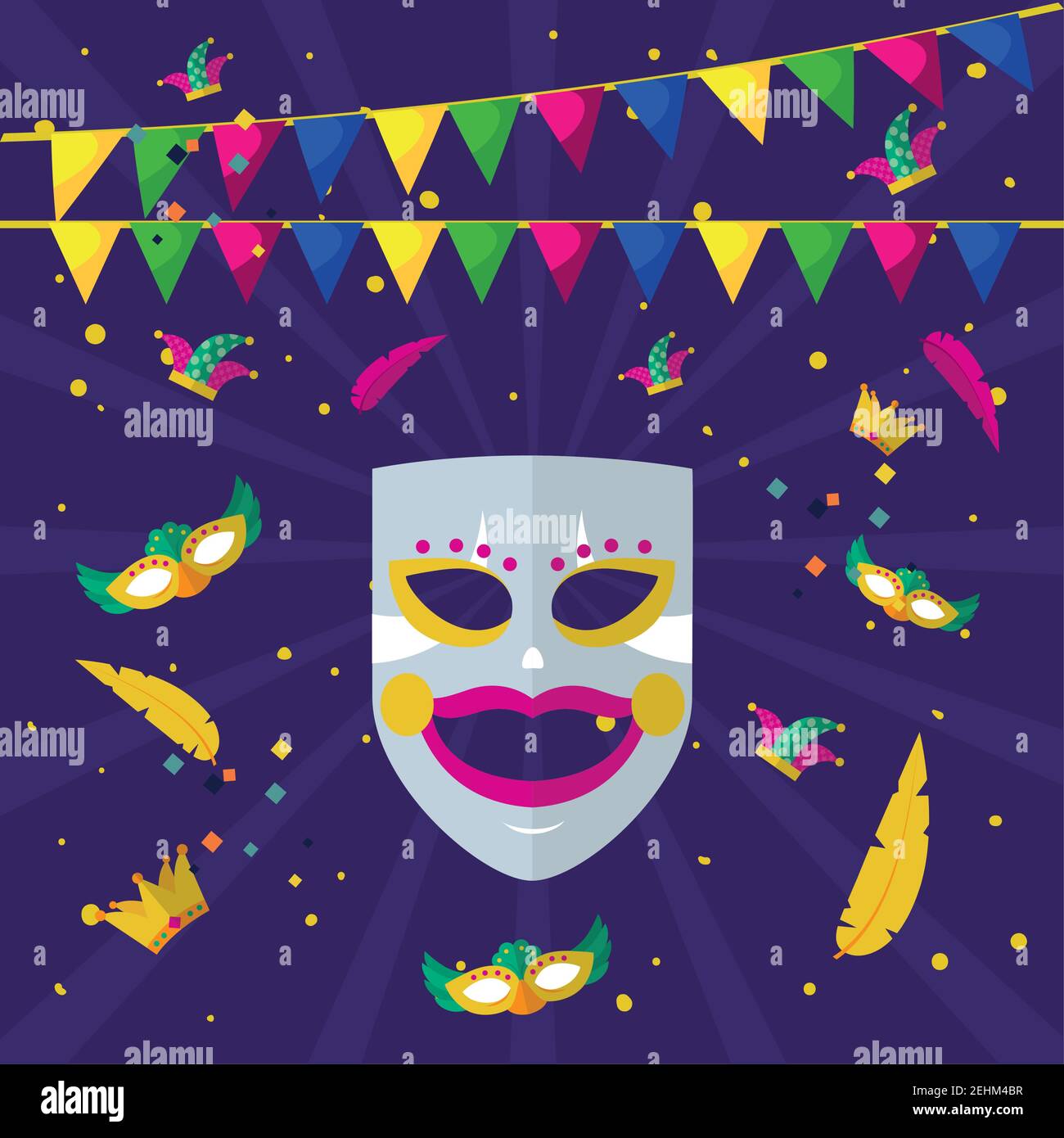 carnival mask with icon set and banner pennant design, Party decoration ...