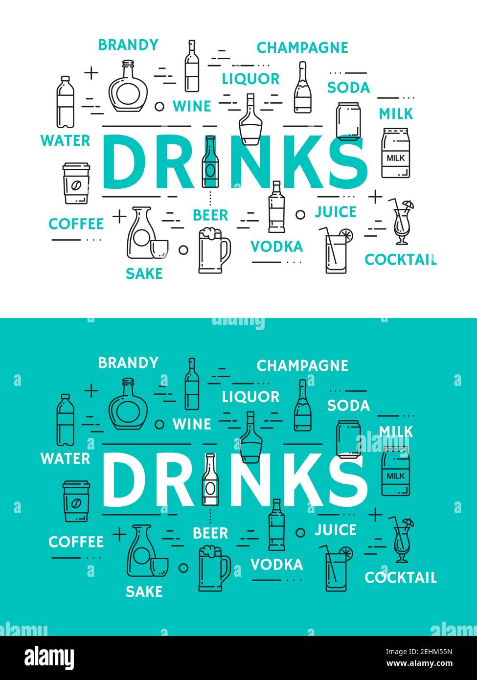 Drinks icons, beverages in glassware. Water and brandy, wine, liquor ...