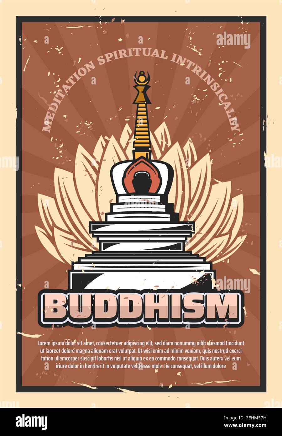 Buddhism religion retro poster, vector symbolic stupa and lotus flower ...