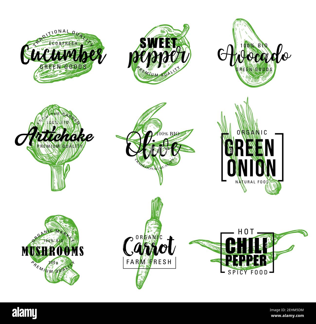 Vegetable icons and signs, lettering. Cucumber and sweet or chili ...