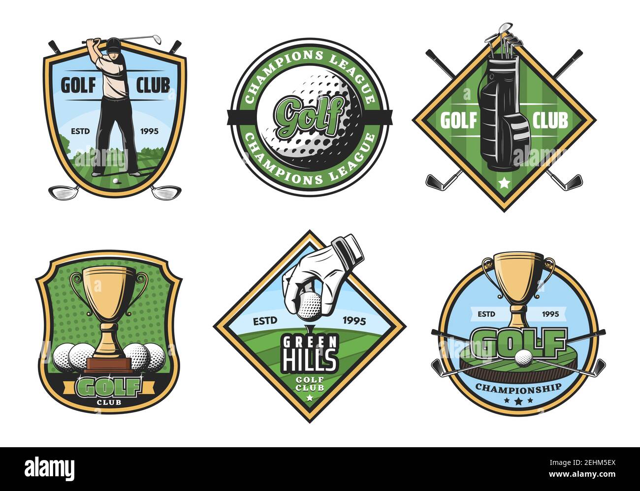 Golf sporting heraldic icons and signs with crossed sticks and ball ...