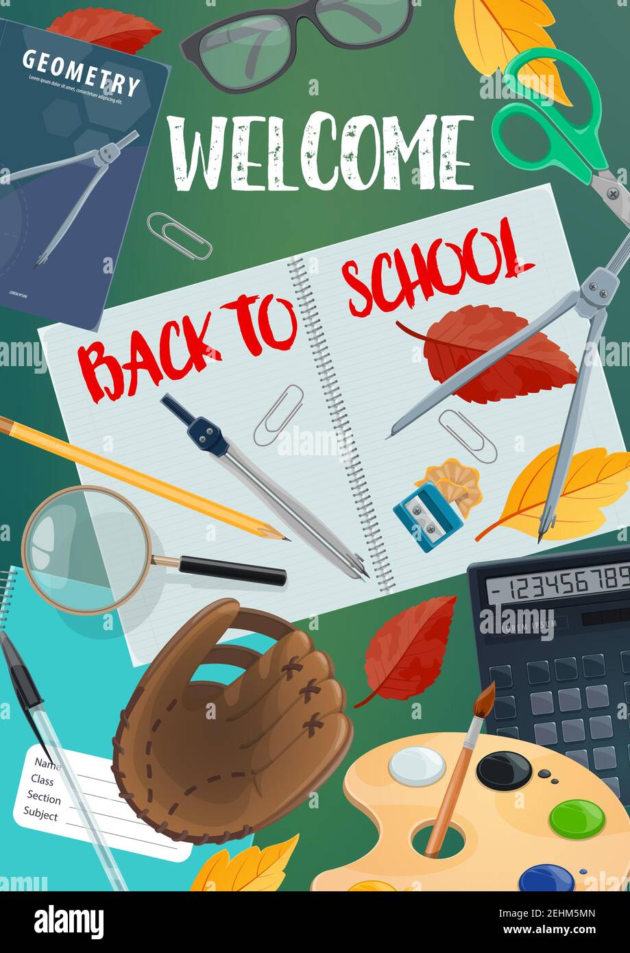 School supplies and student items poster for education and knowledge ...