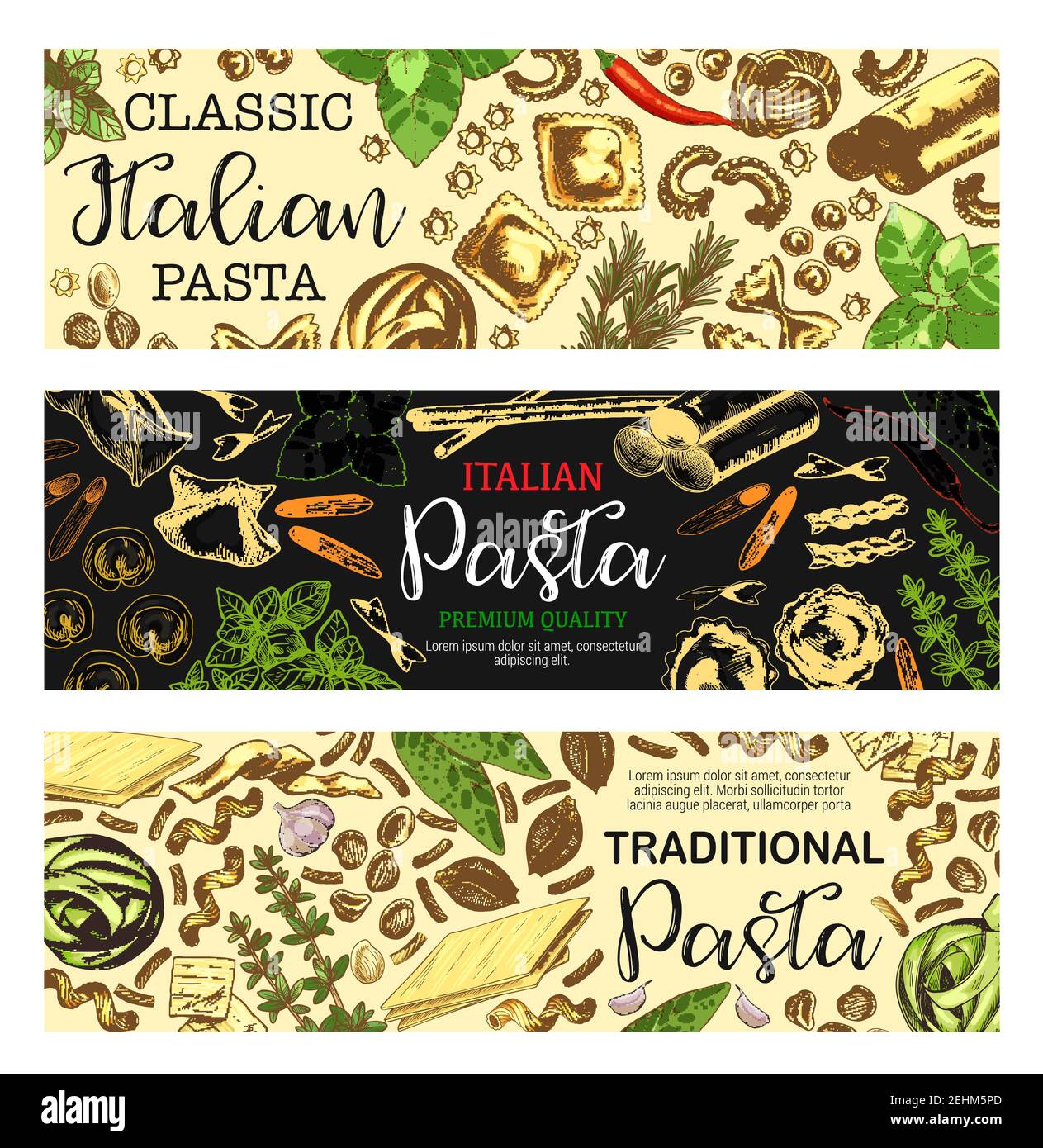 Pasta banners with traditional macaroni shapes. Spaghetti, penne and ...