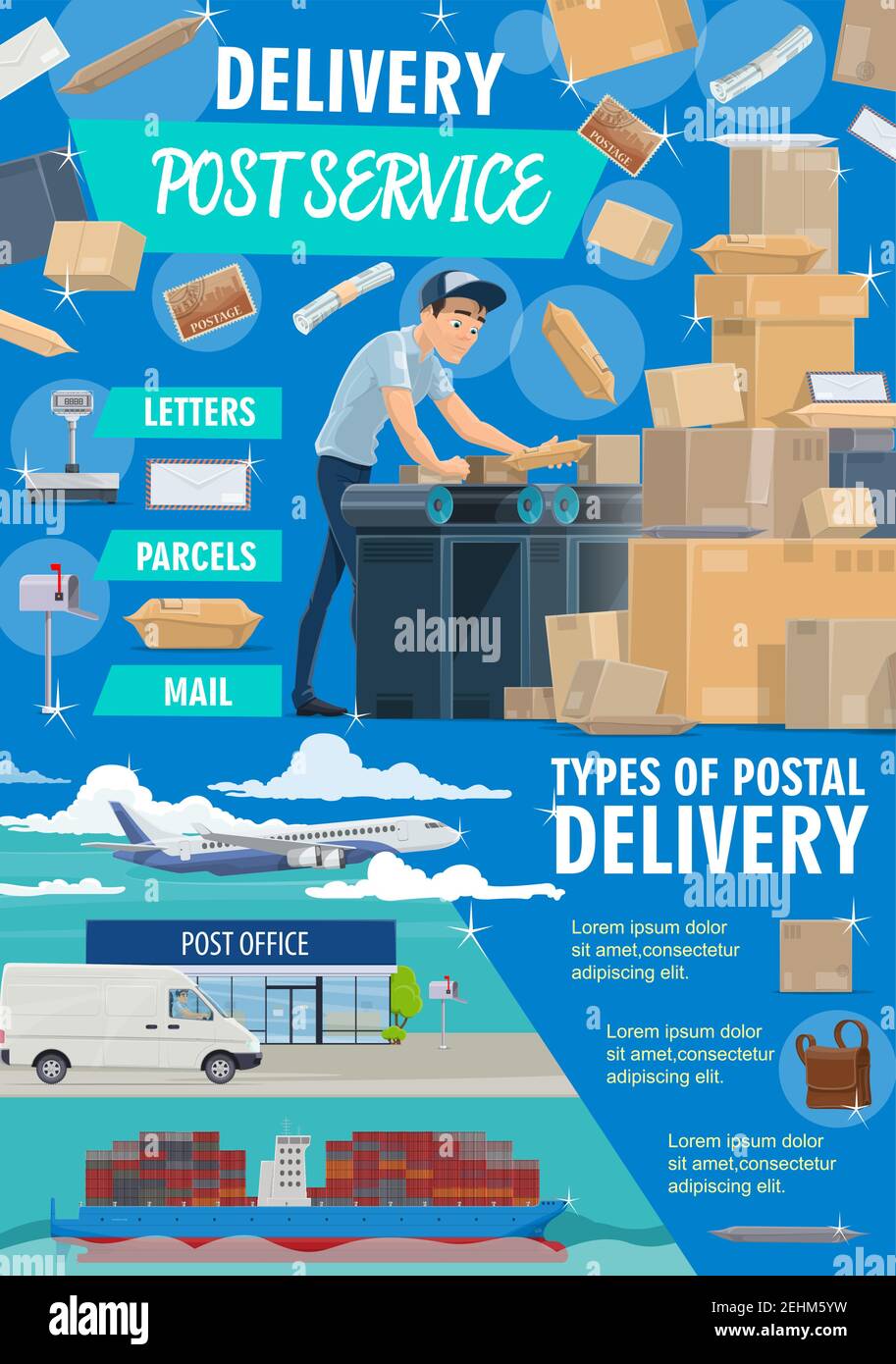 Post mail service postage office poster. Post shipping transport and postman in uniform at work ...