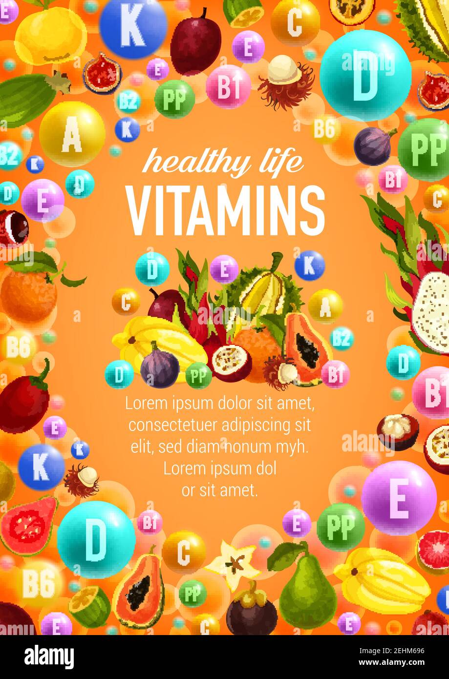 Healthy life with vitamins A, C, D and and minerals B, K, P poster ...