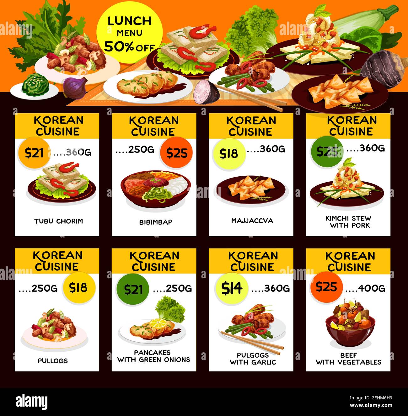 Korean cuisine traditional food menu. Vector lunch offer discount for ...