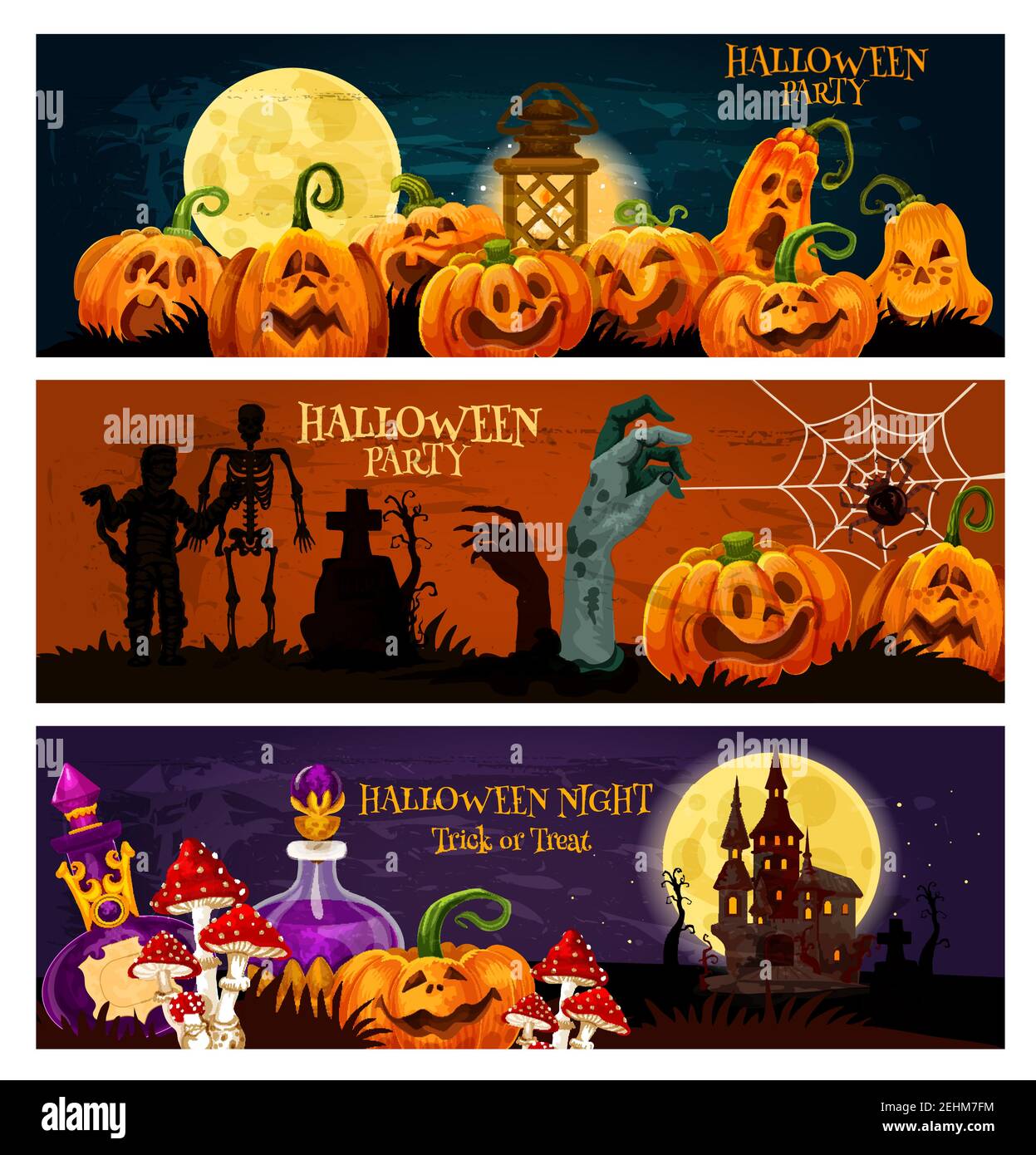 Halloween zombie night party banner. Pumpkin lantern, ghost haunted ...