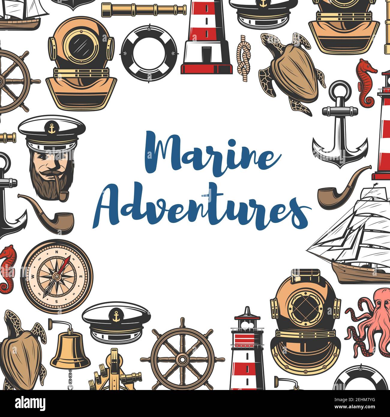 Marine symbols and nautical icons poster. Bearded sailor and lighthouse ...