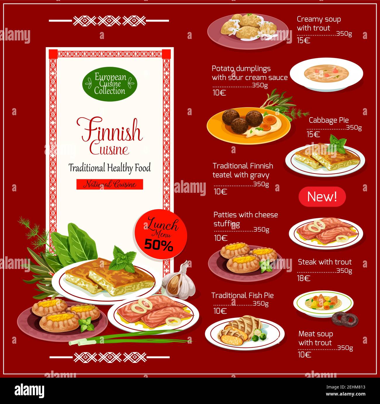Finnish cuisine menu traditional national food. Meat soup and steak ...