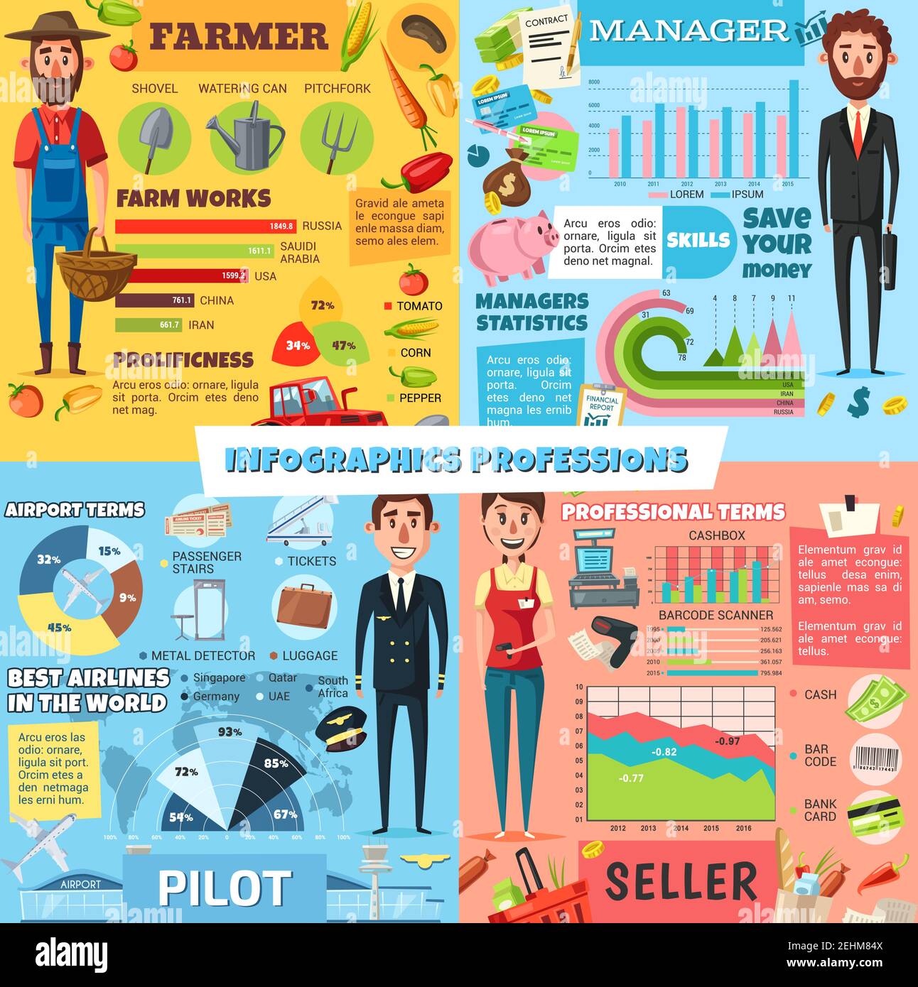 Professions infographics for farmer, manager or pilot and seller ...