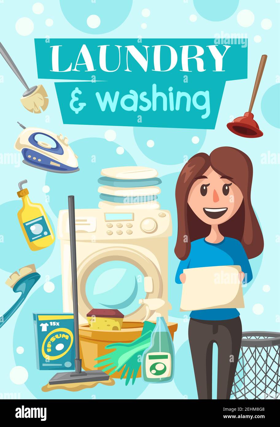 Laundry and washing poster of housewife for clean house. Vector ...