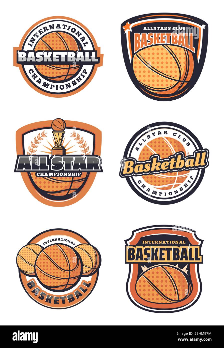 Basketball club or championship signs and icons with balls and trophy ...
