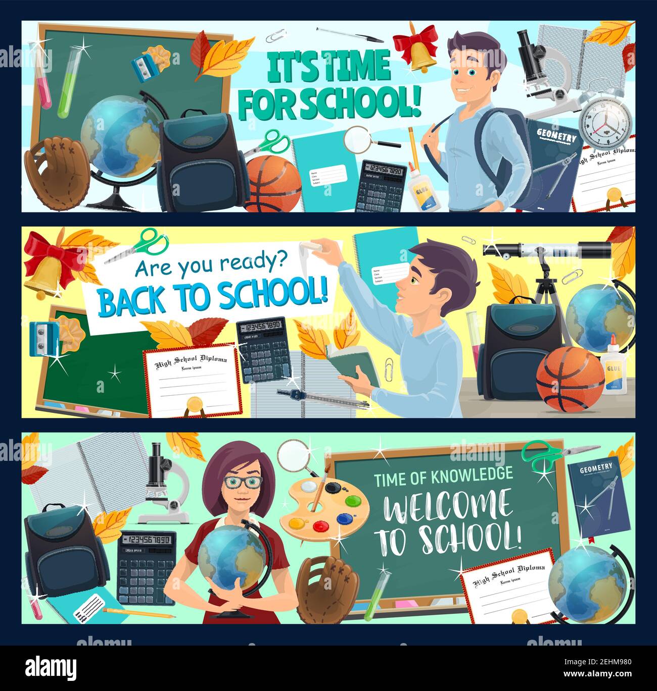 Welcome Back to School banners of student with education items and ...