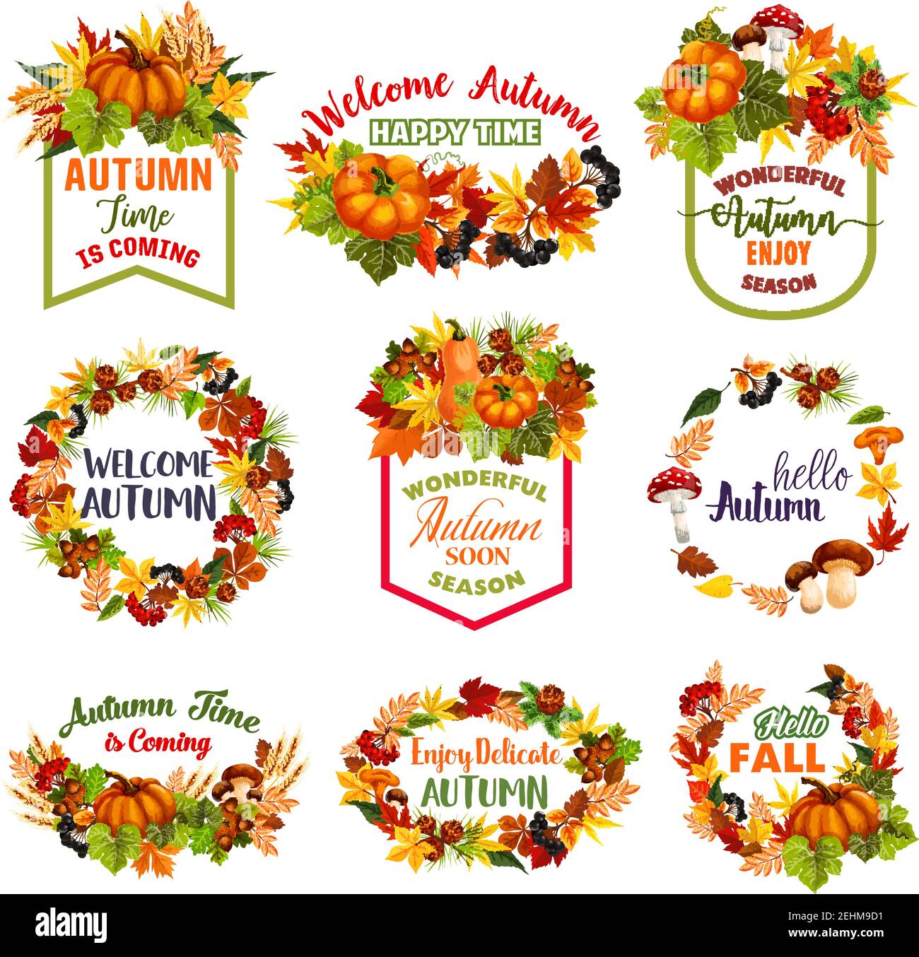 Welcome Autumn or Hello Fall icons of pumpkin or rowan berry harvest ...