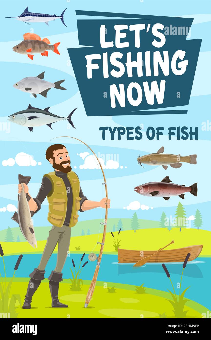 Fishing sport poster of fisherman fishing at river or lake shore ...