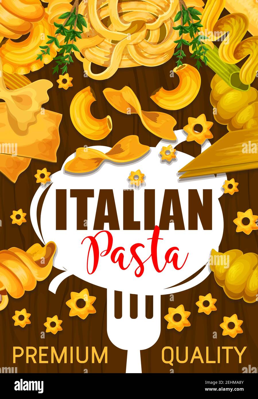 Pasta poster for Italian dish with greenery and fork. Spaghetti and ...