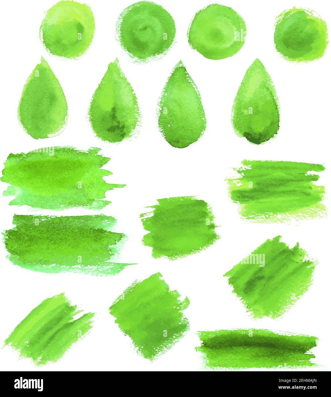 Green watercolor abstract paint strokes, blobs and splashes and drops ...
