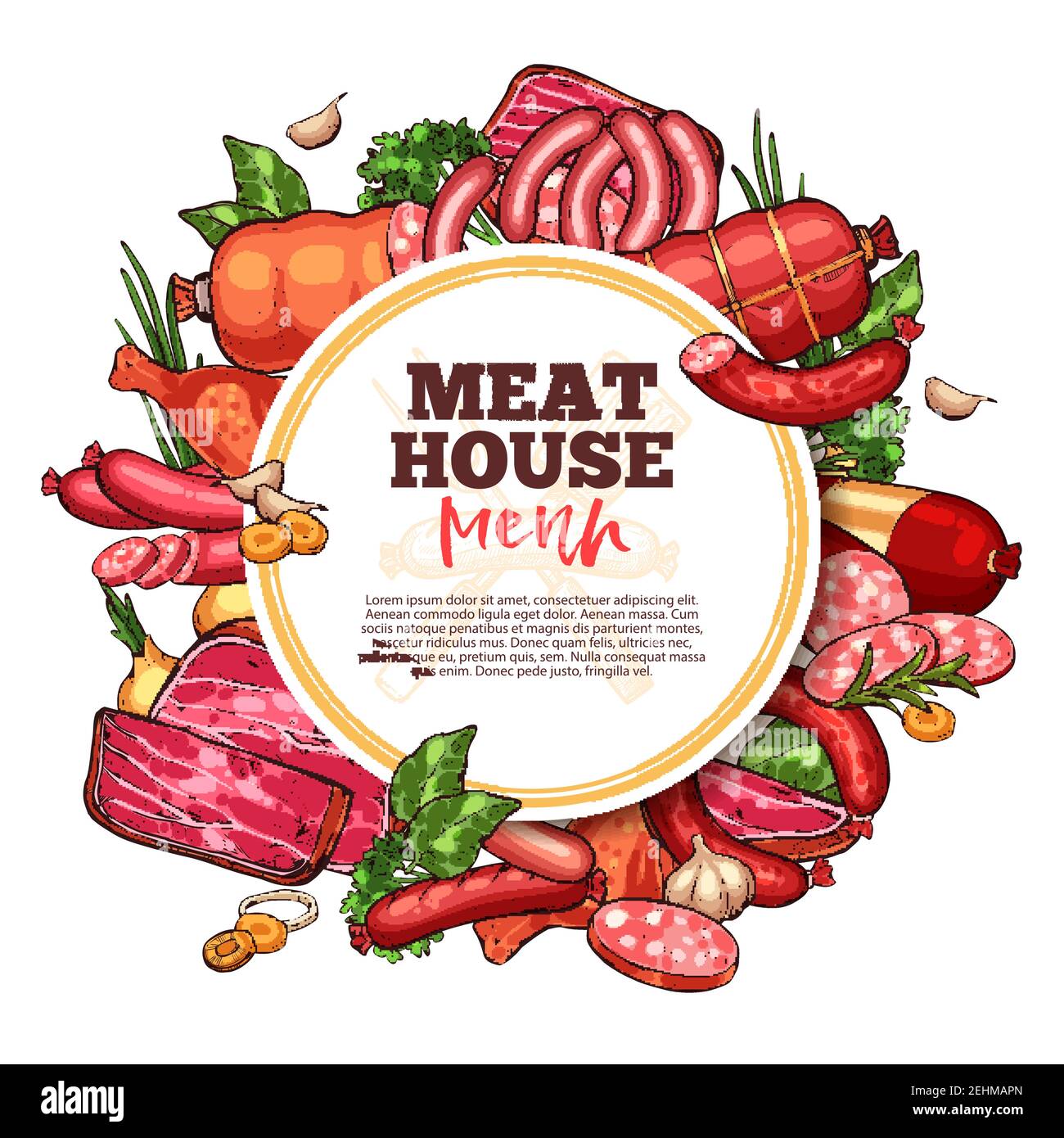 Meat house sketch menu, premium farm products. Vector meat and sausages ...