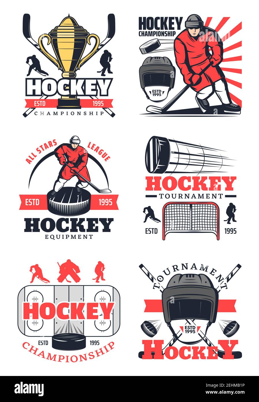 Hockey tournament icons of sport equipment, sporting signs. Gold trophy ...