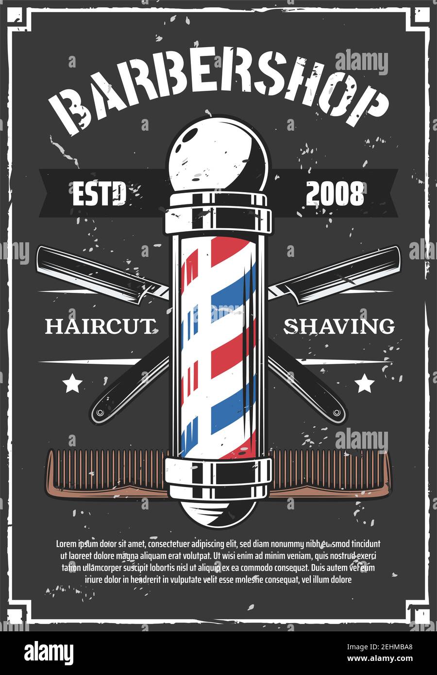 Barbershop retro poster with sharp old razor. Haircut and beard styling ...