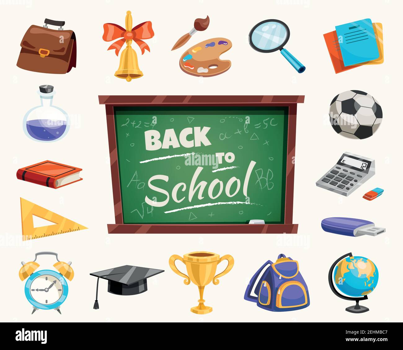 Back to school supplies icons composition poster with chalkboard ...